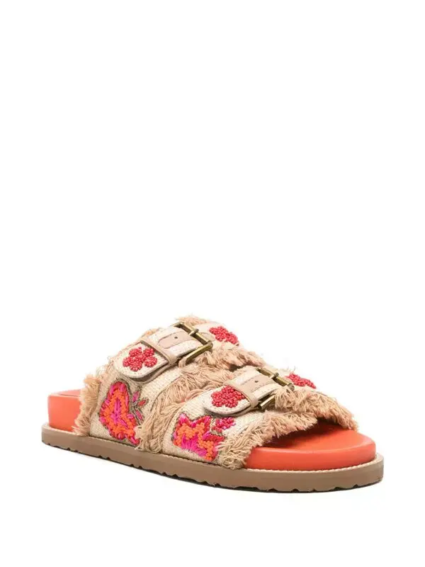CORAL BLUE Floral Embroidered Fringed Sandals