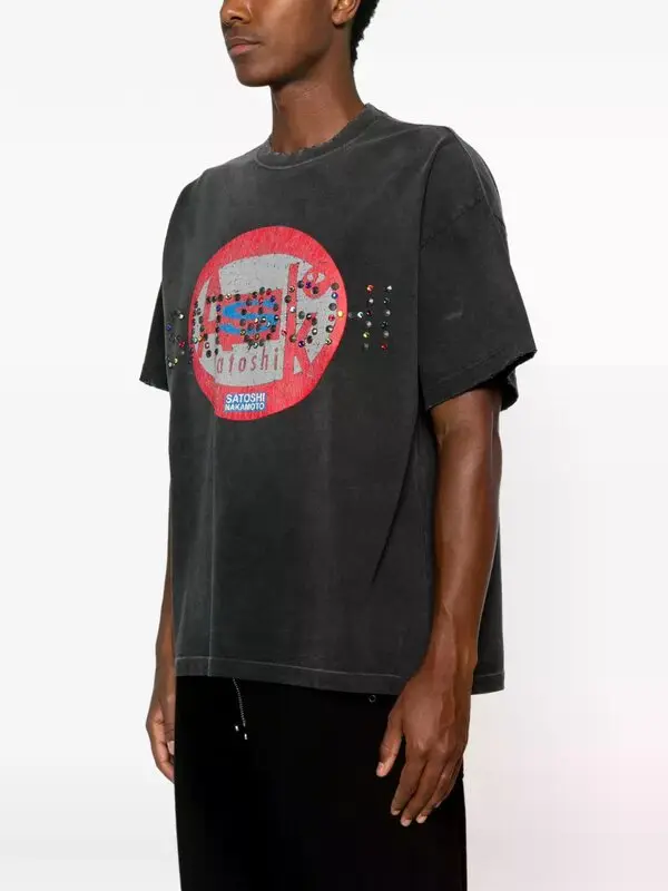 SATOSHI NAKAMOTO Crystal-embellished Distressed-effect T-shirt