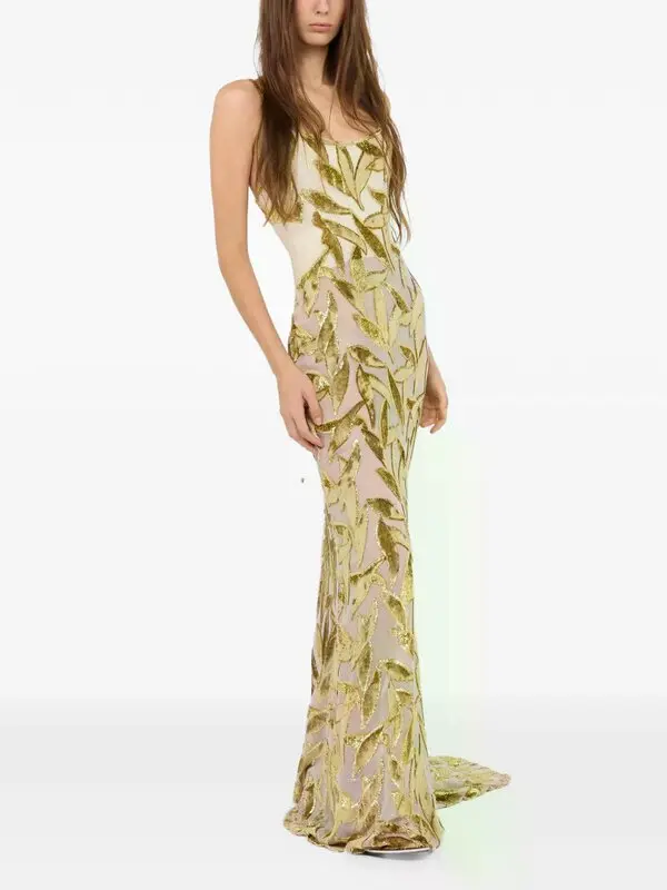Roberto Cavalli Sheer Foliage Motif Maxi Dress