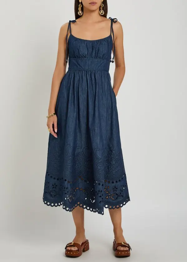Zimmermann Mahon Broderie Anglaise Denim Midi Dress