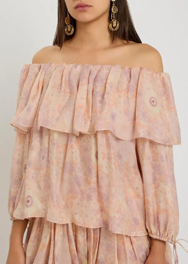 Chloé Floral-print Silk Off-the-shoulder Top