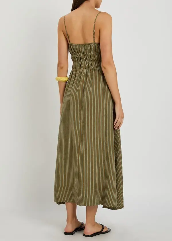 Staud Ayla Striped Linen Midi Dress - Green