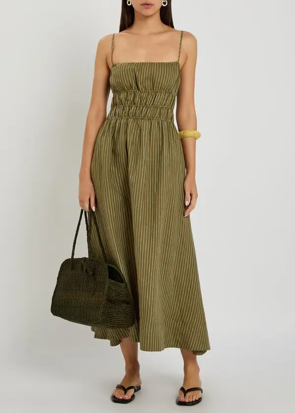 Staud Ayla Striped Linen Midi Dress - Green