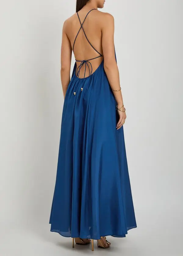 Zimmermann Aster Gathered Silk Maxi Dress - Dark Blue