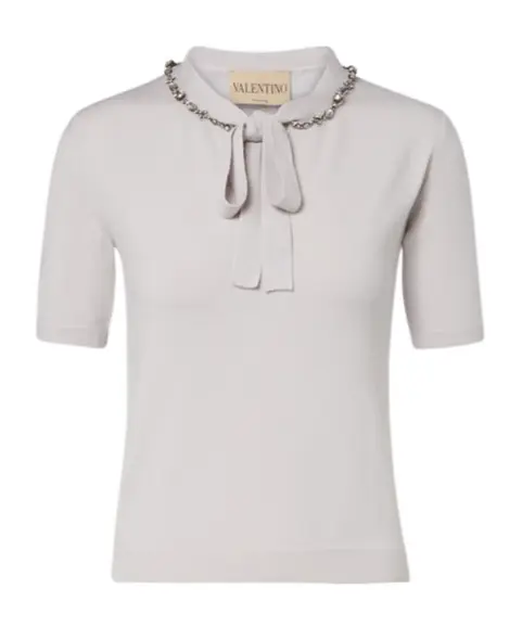 Valentino Garavani Embellished Tie-neck Virgin Wool Sweater - White