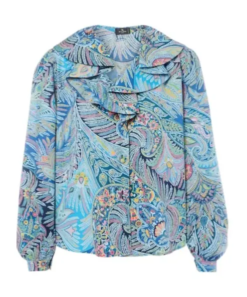 Etro Printed Ruffled Cotton-blend Shirt - Blue