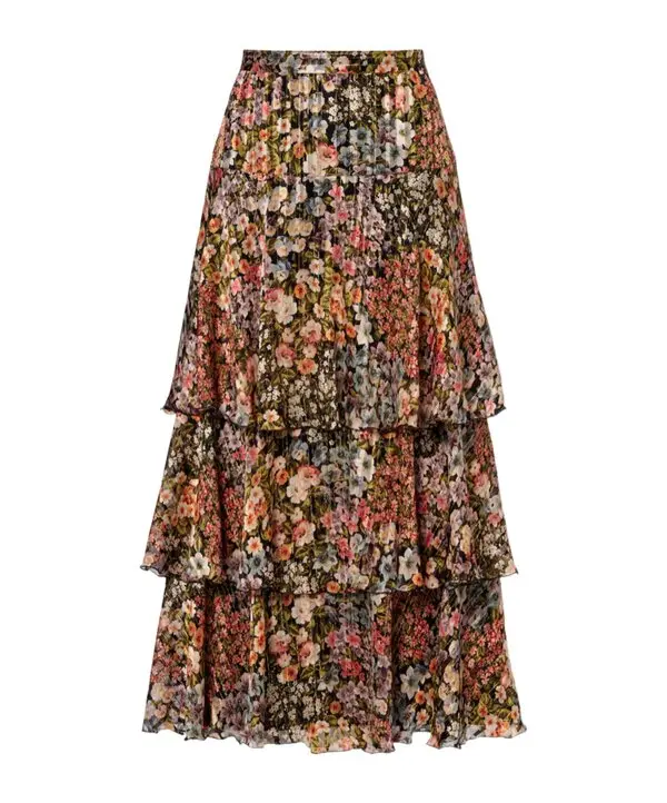 Valentino Garavani Floral Plissé Tiered Silk Maxi Skirt - Brown