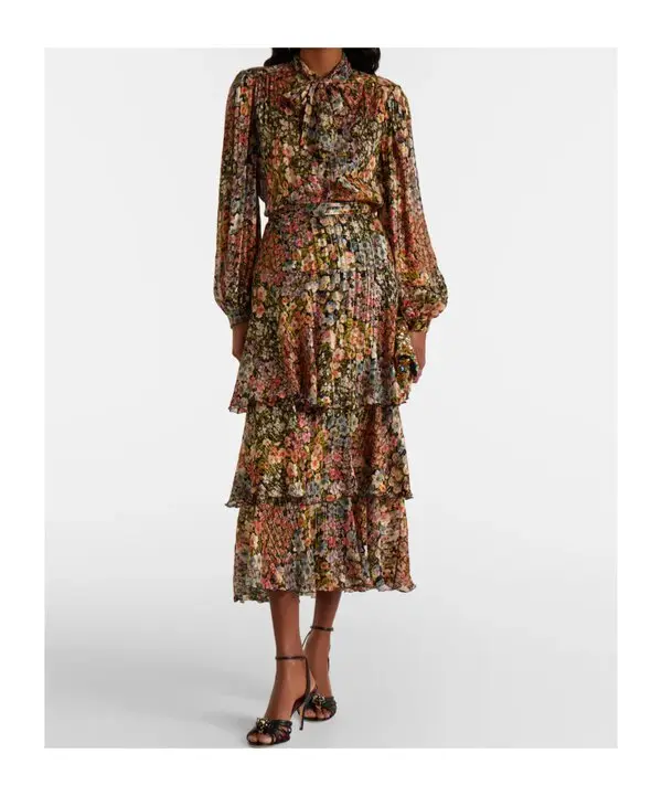 Valentino Garavani Floral Plissé Tiered Silk Maxi Skirt