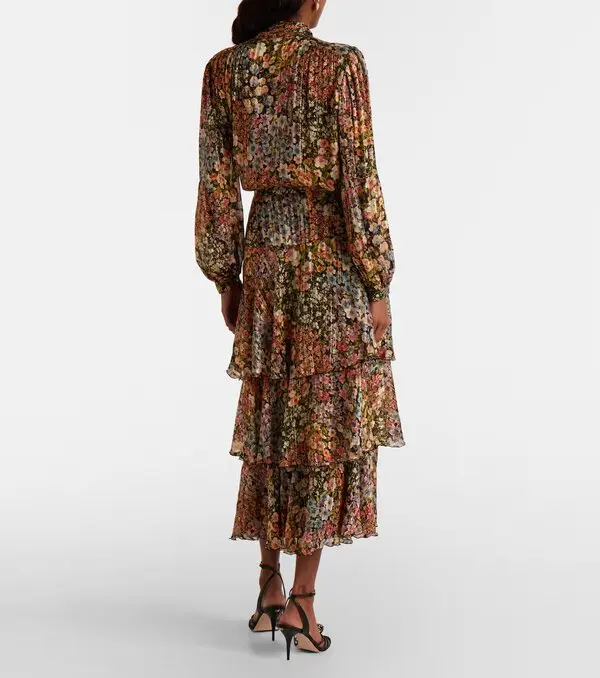 Valentino Garavani Floral Plissé Tiered Silk Maxi Skirt