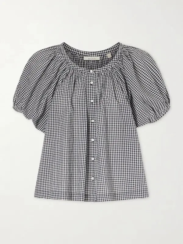 DÔEN June Gathered Checked Cotton Blouse - Black