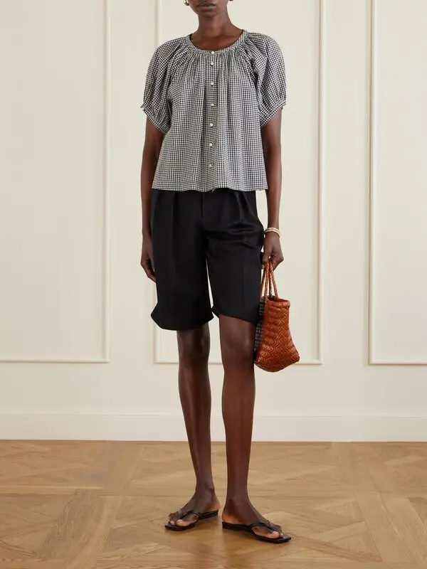 DÔEN June Gathered Checked Cotton Blouse - Black