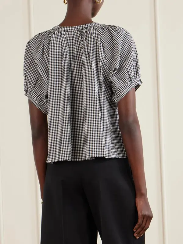 DÔEN June Gathered Checked Cotton Blouse - Black
