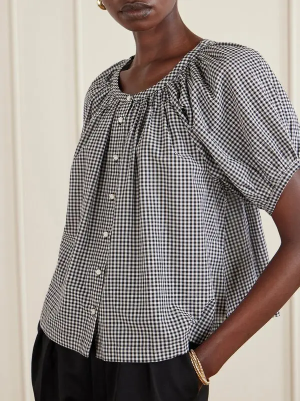 DÔEN June Gathered Checked Cotton Blouse - Black
