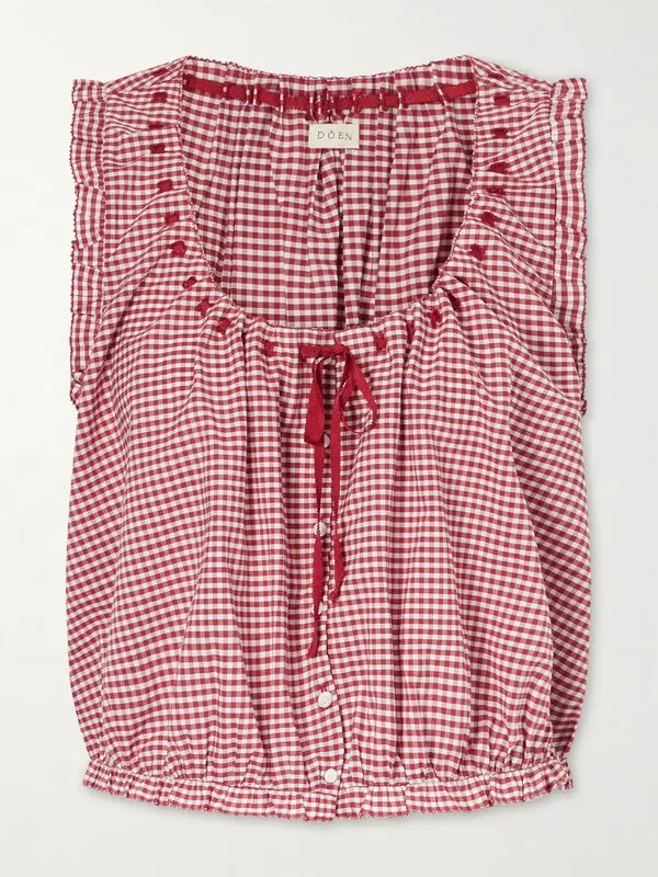 DÔEN Traveler Gingham Organic Cotton Blouse With Ruffle Trim - Red