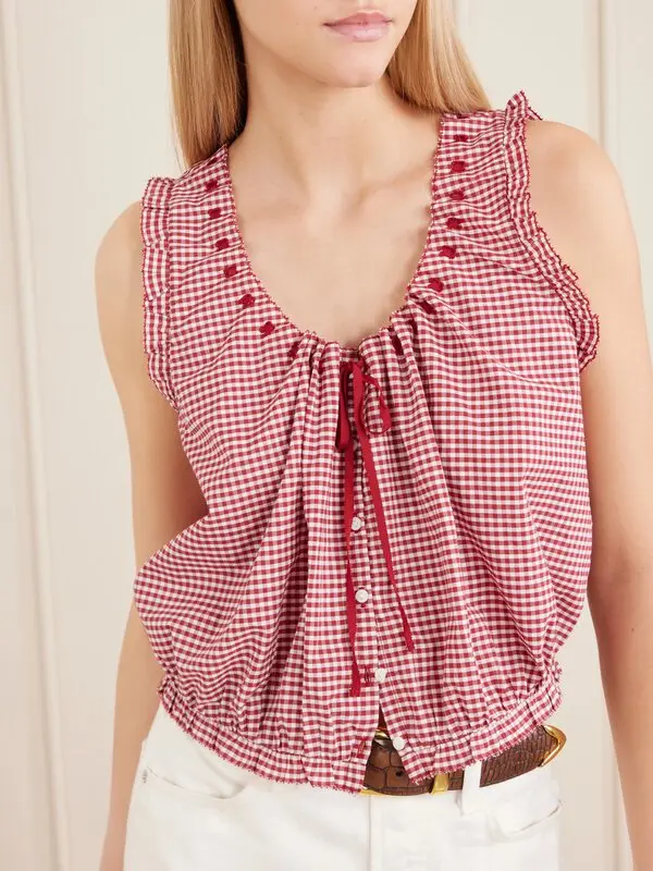 DÔEN Traveler Gingham Organic Cotton Blouse With Ruffle Trim - Red
