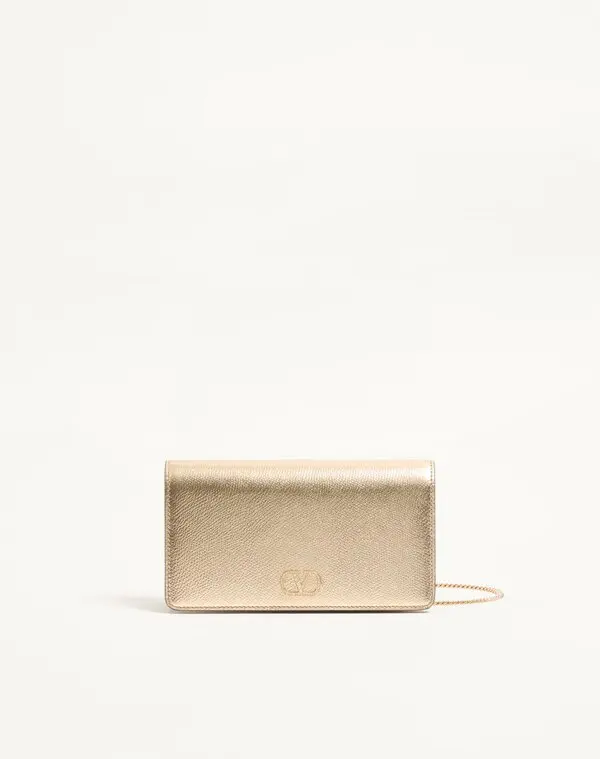Valentino Garavani Vlogo Signature Mini Shoulder Bag In Laminated Grainy Calfskin With Jewel Logo - Gold/crystal
