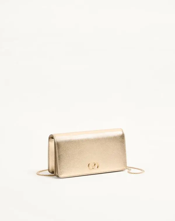 Valentino Garavani Vlogo Signature Mini Shoulder Bag In Laminated Grainy Calfskin With Jewel Logo - Gold/crystal