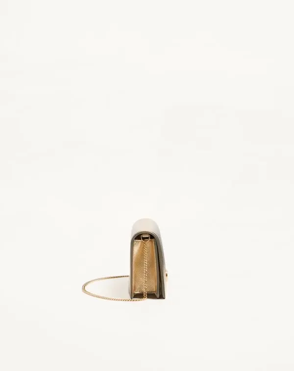 Valentino Garavani Vlogo Signature Mini Shoulder Bag In Laminated Grainy Calfskin With Jewel Logo - Gold/crystal
