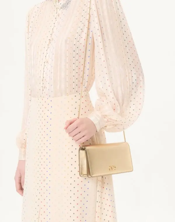 Valentino Garavani Vlogo Signature Mini Shoulder Bag In Laminated Grainy Calfskin With Jewel Logo - Gold/crystal