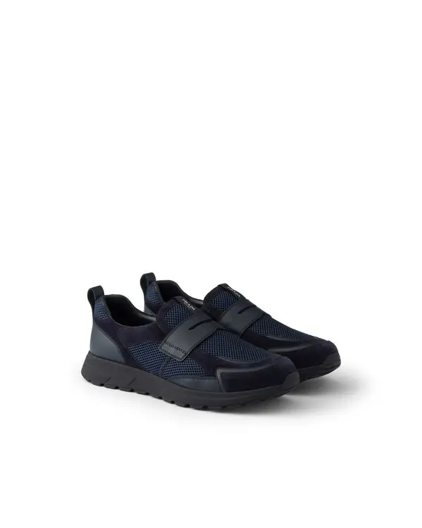 Prada Prax Mesh Fabric And Leather Loafers - Blue