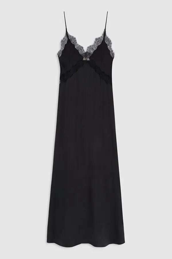 ANINE BING Silk Blend Lace Trim Maxi Slip Dress