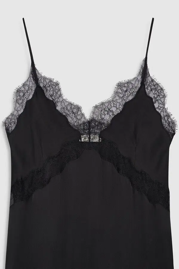 ANINE BING Silk Blend Lace Trim Maxi Slip Dress