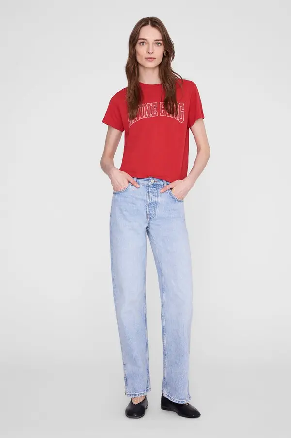 ANINE BING Shelley Cropped Baby Tee With Embroidered Logo - Tango Red