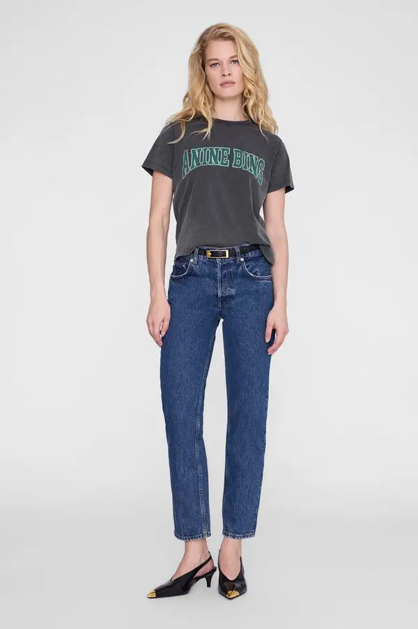ANINE BING Shelley Cropped Baby Tee With Embroidered Logo - Washed Black