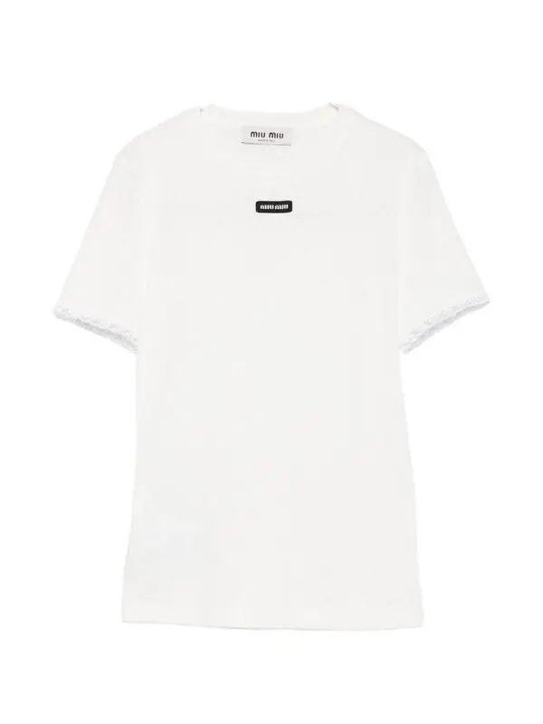 Miu Miu Logo Patch Crew Neck T-shirt With Lace Trim Cuffs - Multicolor