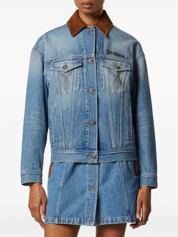 Versace Denim Jacket With Brown Collar - Multicolor