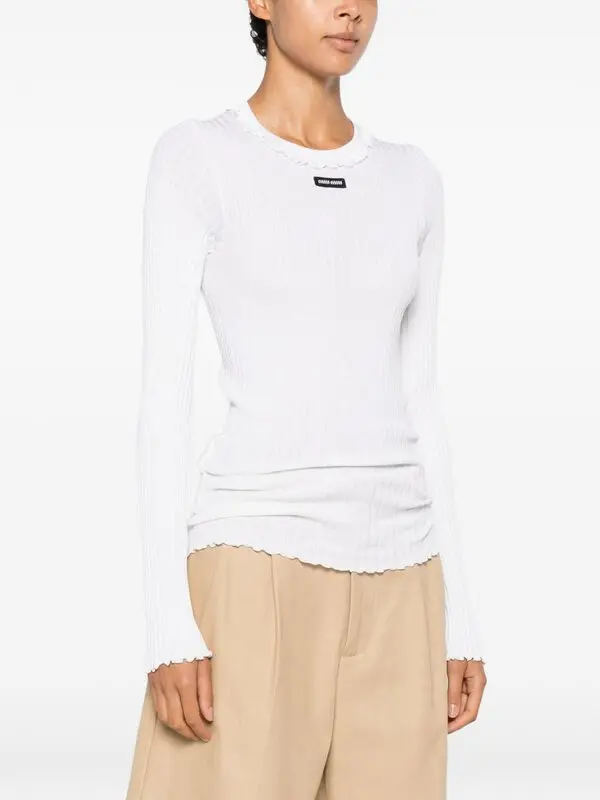Miu Miu Ribbed Knit Long Sleeve Top With Ruffled Neckline