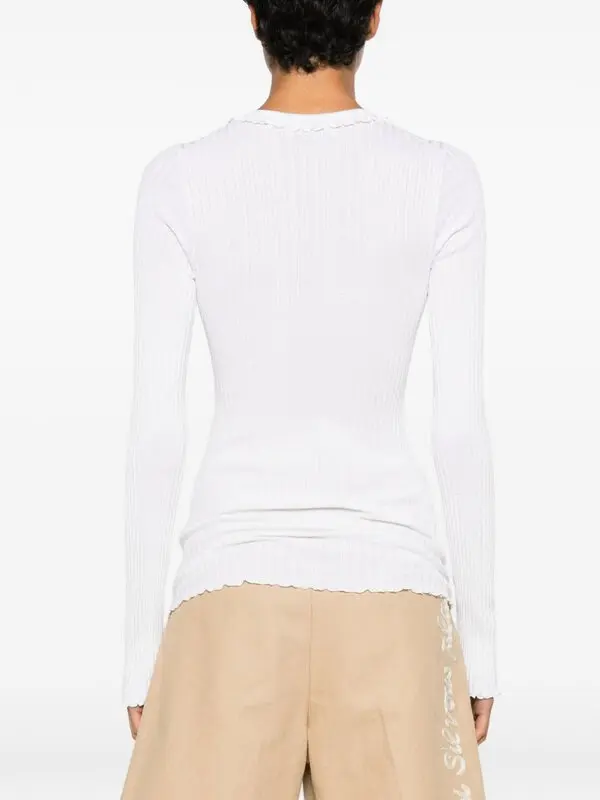 Miu Miu Ribbed Knit Long Sleeve Top With Ruffled Neckline