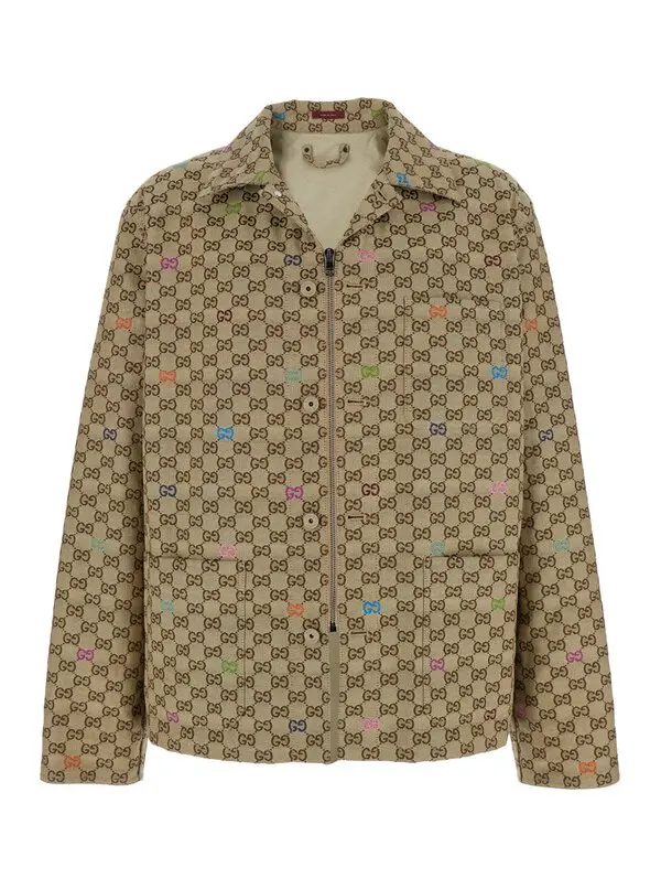 Gucci Beige Shirt With Spread Collar And Two Front Welt Pockets In Gg Canvas - Multicolor