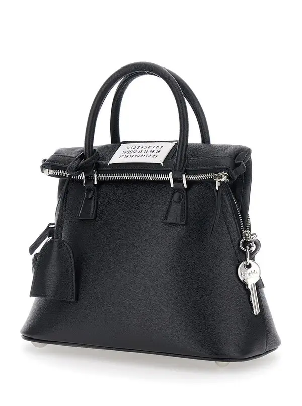 MAISON MARGIELA Black Leather Handbag With Applied Logo Patch And Side Keys - Multicolor