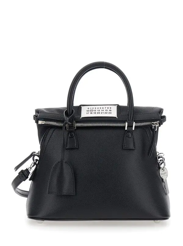 MAISON MARGIELA Black Leather Handbag With Applied Logo Patch And Side Keys - Multicolor