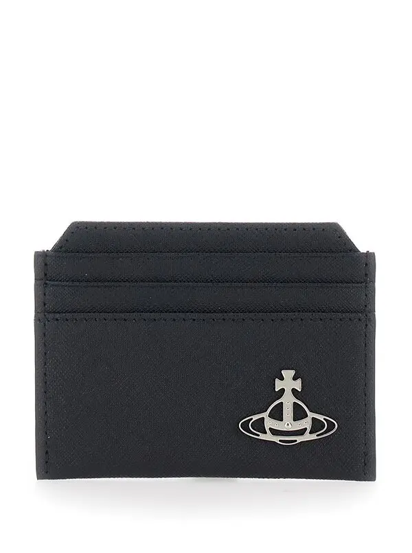 VIVIENNE WESTWOOD Black Card Holder With Orb Detail On The Front In Grained Leather - Multicolor