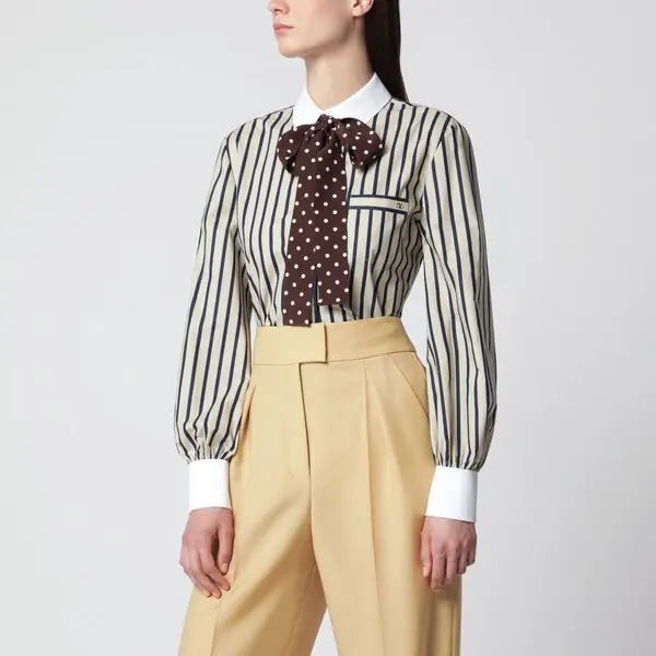 Valentino Garavani Striped Cotton Shirt With Scarf Detail - Beige