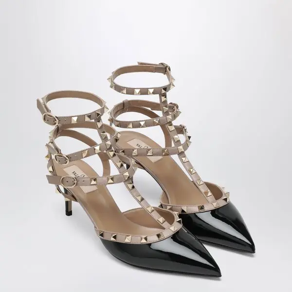 Valentino Garavani Rockstud Strap Pumps In Patent Leather - Black
