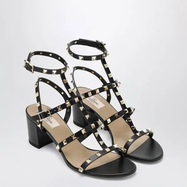 Valentino Garavani Rockstud Calfskin Leather Block Heel Sandals - Black