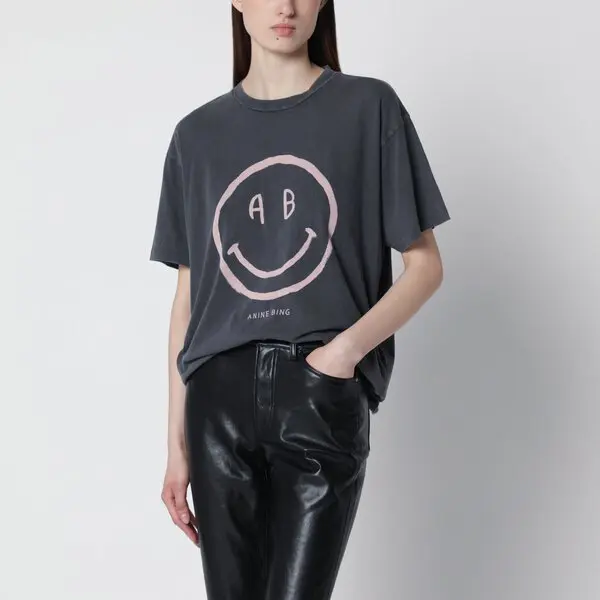 ANINE BING Cade Smiley Graphic Cotton T-shirt - Grey