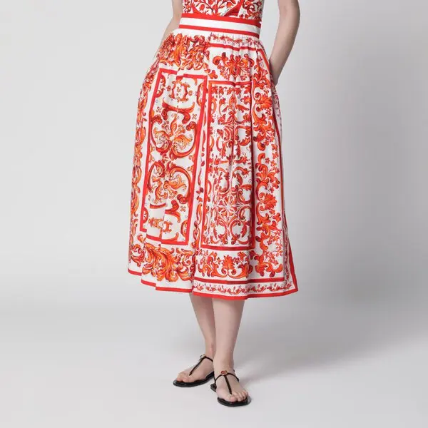 Dolce & Gabbana High-waisted Maiolica-print Poplin Pleated Skirt - Orange