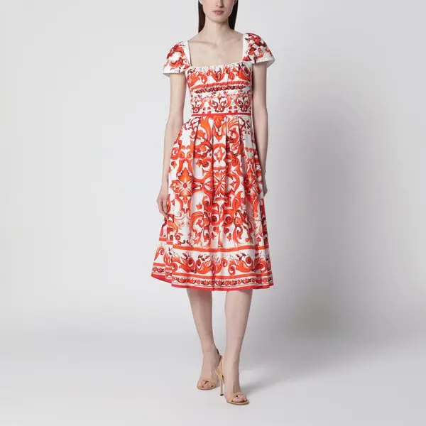 Dolce & Gabbana Maiolica Print Cotton Poplin Dress - Orange