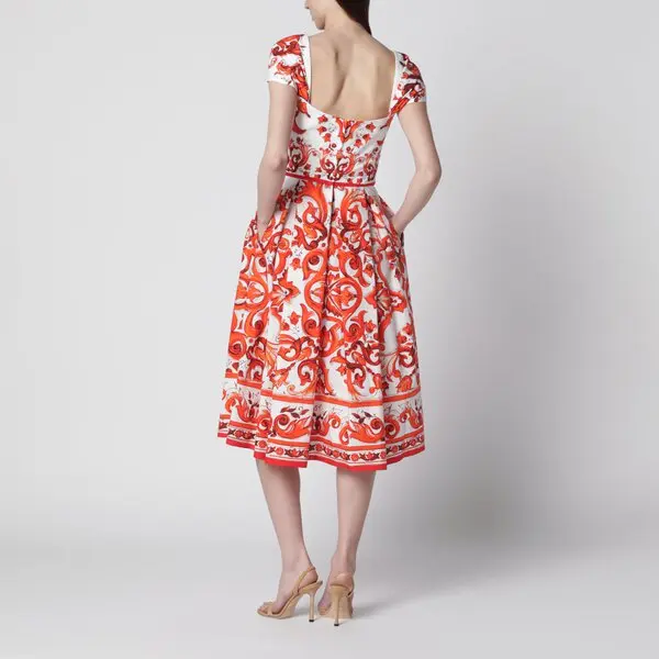 Dolce & Gabbana Maiolica Print Cotton Poplin Dress - Orange