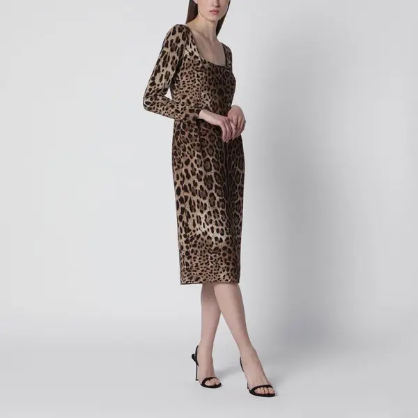 Dolce & Gabbana Leopard Print Long Sleeve Viscose Dress - Brown