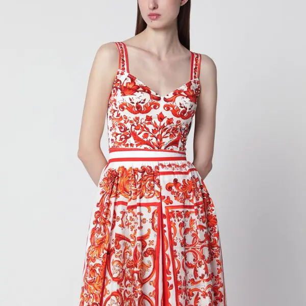Dolce & Gabbana Maiolica Print Charmeuse Bustier Top - Orange