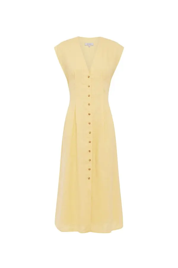 ROWIE Mira Linen Midi Dress - Lemon
