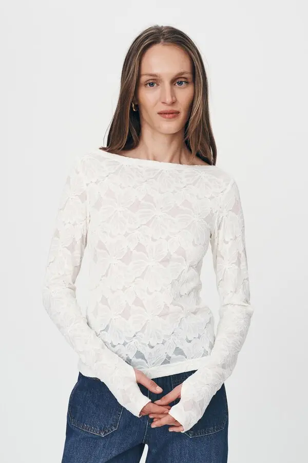 ROWIE Samantha Lace Top With Boat Neckline And Thumbholes