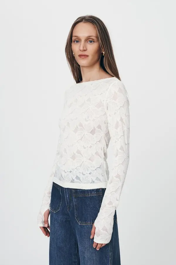 ROWIE Samantha Lace Top With Boat Neckline And Thumbholes