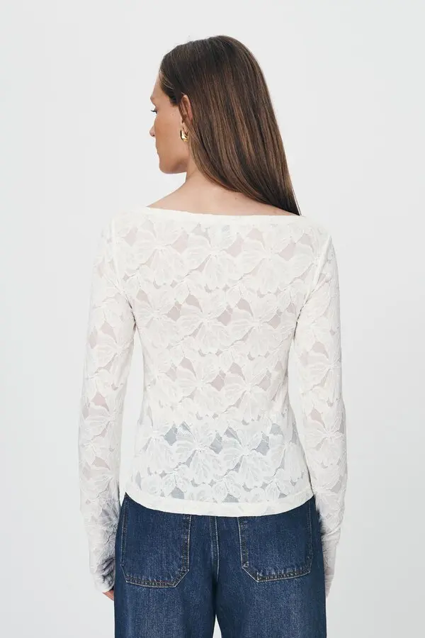 ROWIE Samantha Lace Top With Boat Neckline And Thumbholes