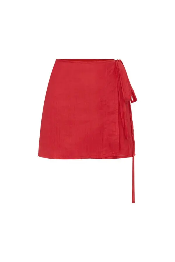 ROWIE Jole Silk Mini Wrap Skirt - True Red